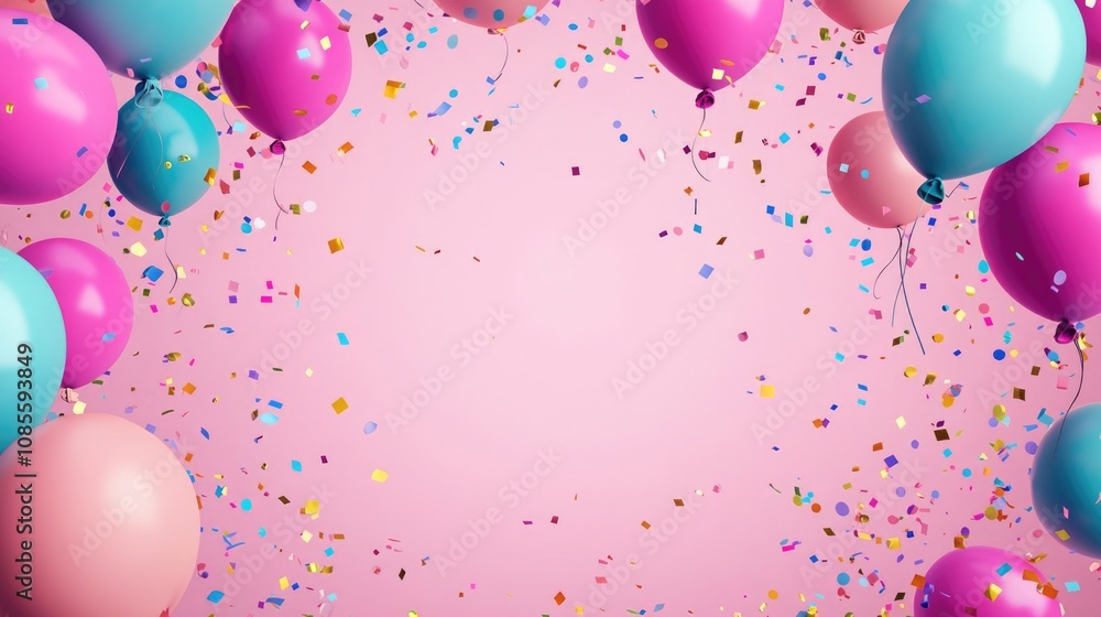 Colorful Balloons and confetti frame background. Stock Photo | Adobe Stock