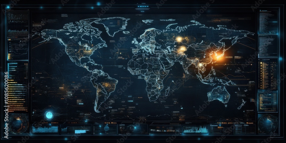 Digital world map with dynamic chart overlays and glowing data points ...