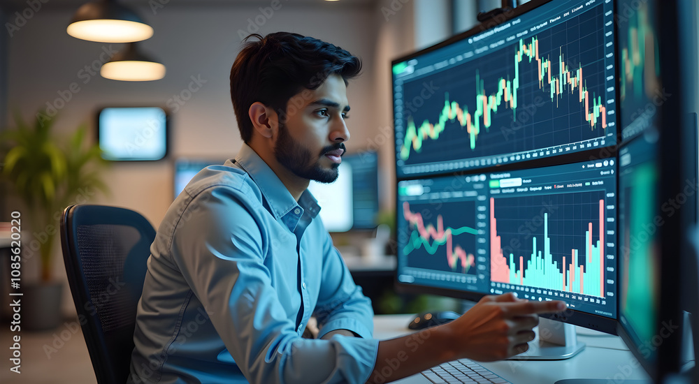 A young indian data analyst works intently on financial charts ...