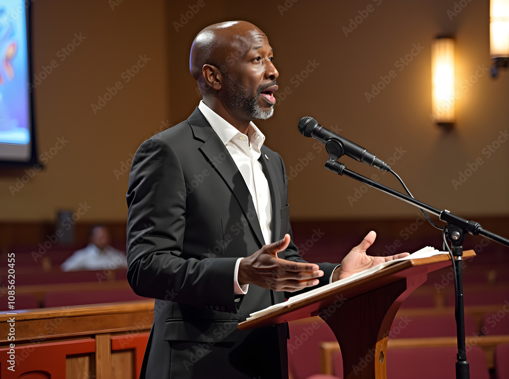 A senior Black male pastor delivers an inspiring sermon in a church ...