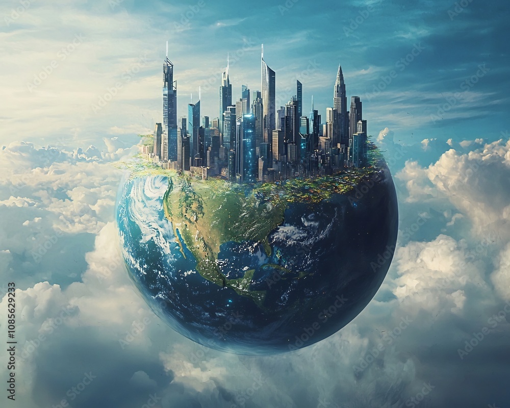Futuristic Floating Metropolis Orbiting the Earth Representing Humanity ...
