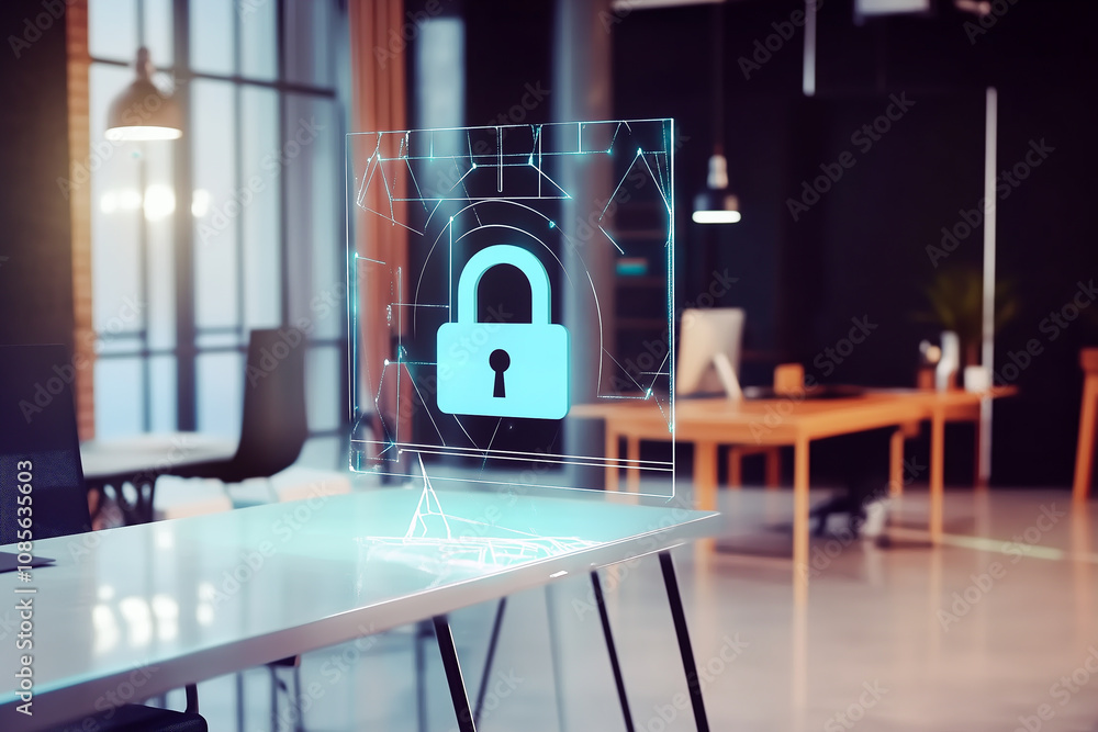 Computer monitor shows a lock on a screen. The lock is blue and is in ...