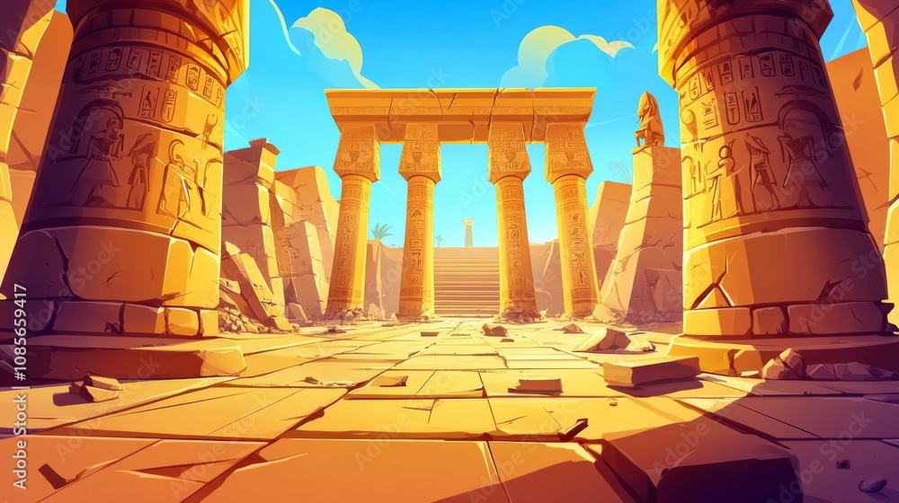 Symmetrical arrangement of ancient Egyptian temple with stone pillars ...