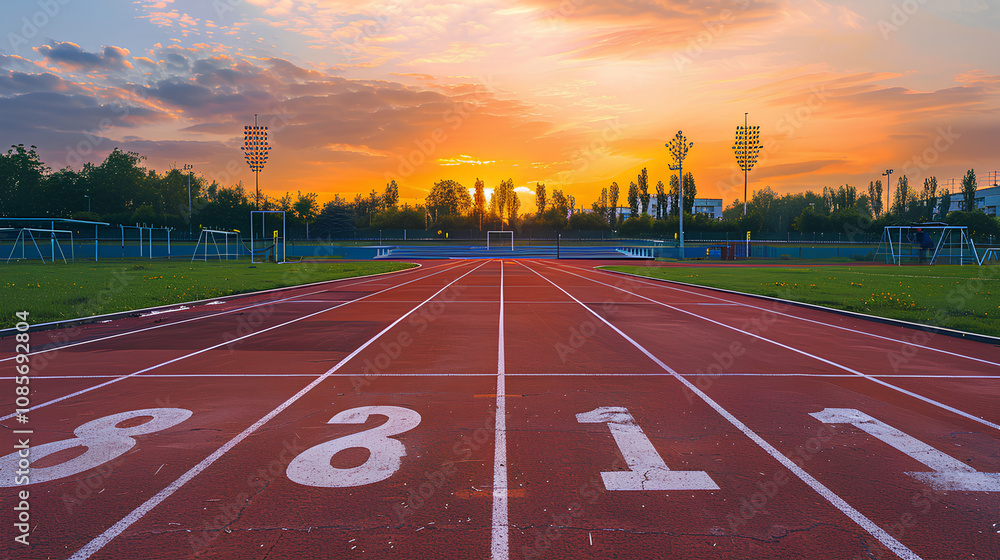 Olympic Games track and field, sunset sky, running track with numbers ...
