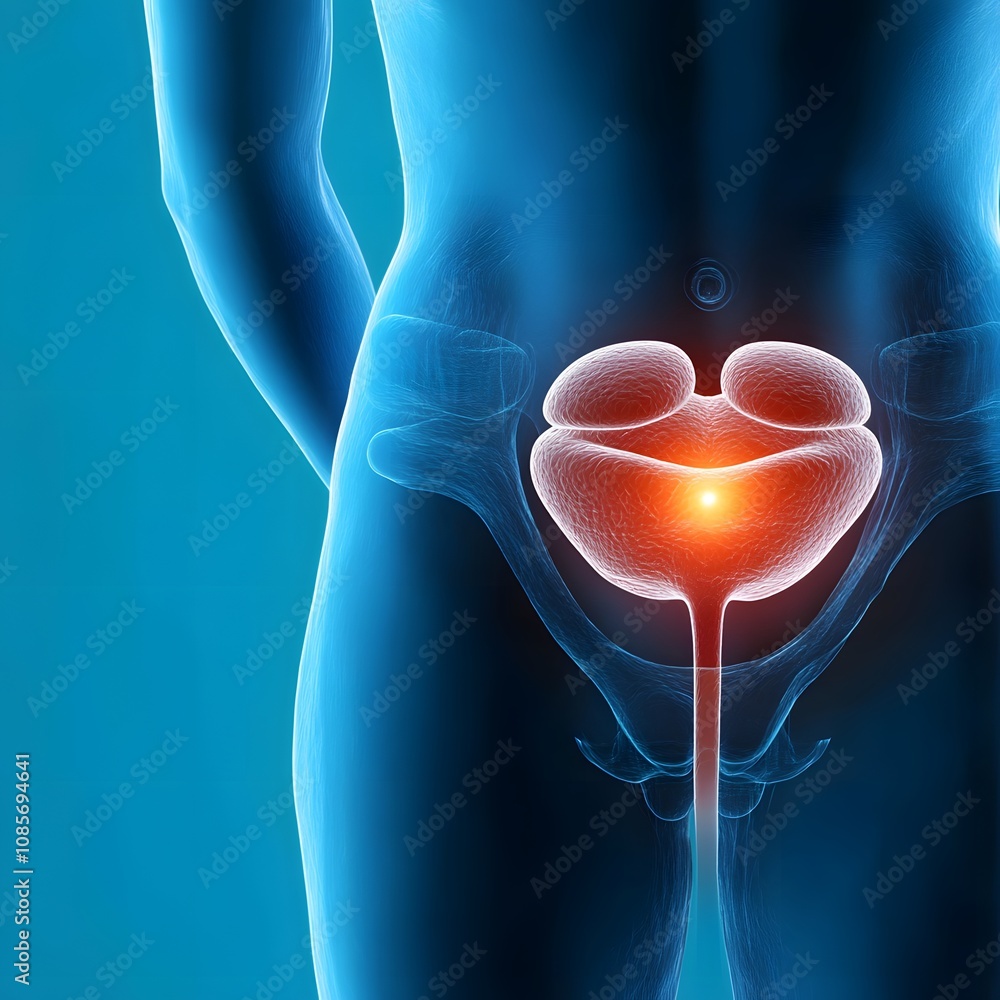 A 3D medical illustration highlighting the human bladder with ...