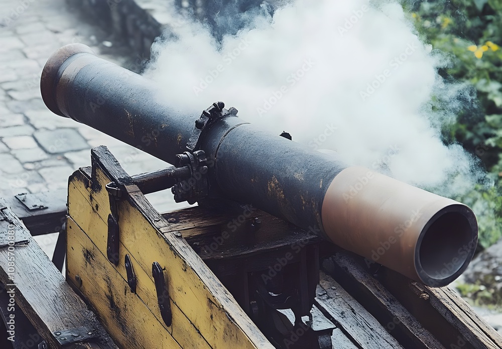 Historic Cannon Emitting Smoke with Vintage Wooden Carriage, Capturing ...