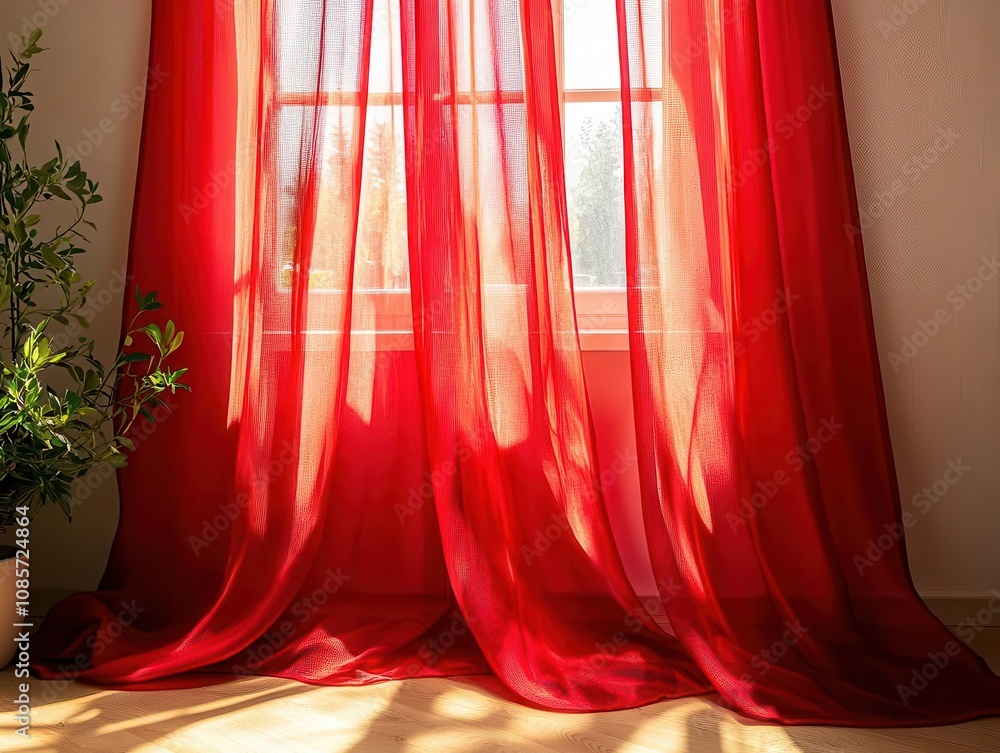 elegant, flowing red curtain draping elegantly from a window frame ...