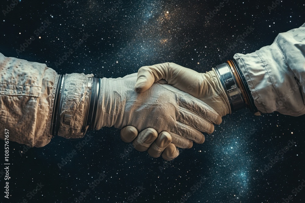 Astronauts in Space Grasping Hands Symbolizing Unity and Collaboration ...