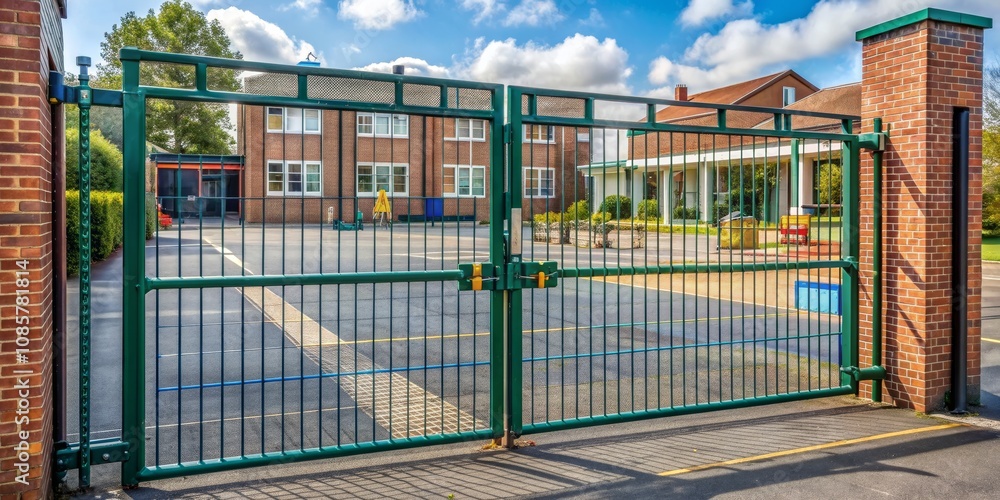 Green Metal Gate with Brick Pillars, Sunny Day, School Yard, School ...