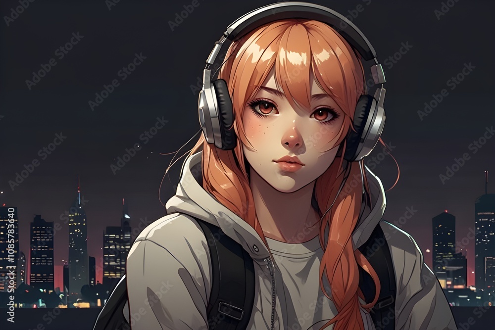 Beautiful anime girl listening to lofi hip hop music with headphones ...