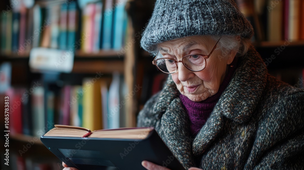 An elderly person using an e-reader for the first time, exploring a ...