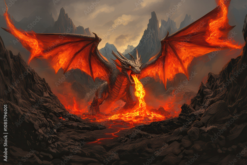 Ferocious fire breathing dragon with open wings, claws and fangs over a lava flow in a ...