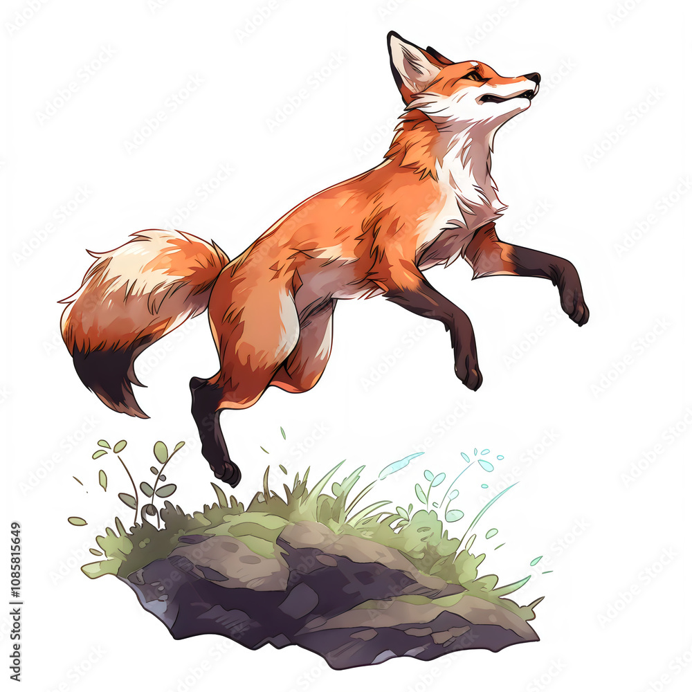red fox jumping in wilderness illustration on isolated white background ...
