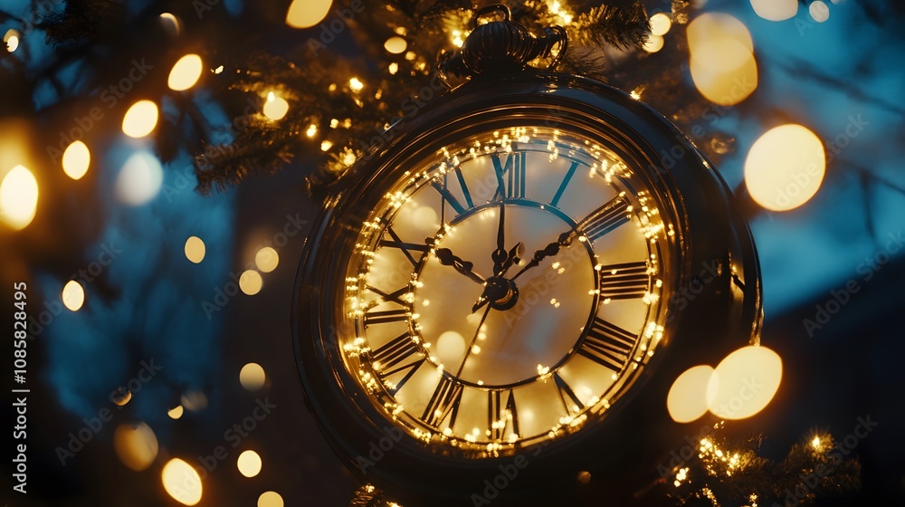 Midnight strikes! A glowing clock face, adorned with festive lights ...