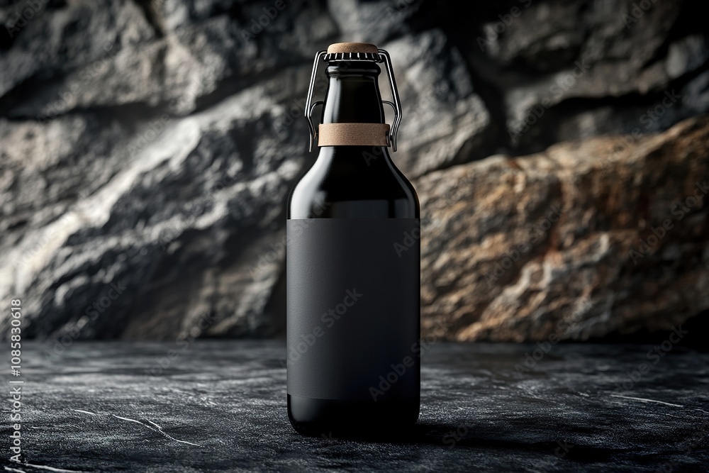 Blank black glass beer bottle with label mockup, dark background, 3d ...