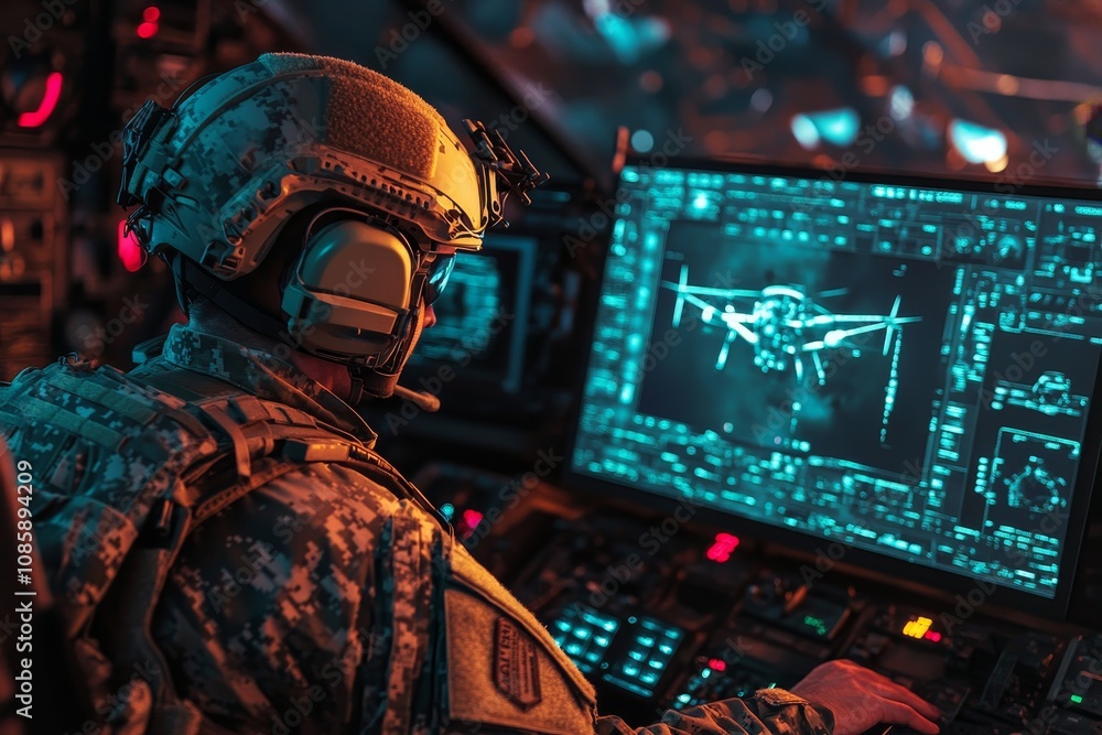 Soldier engages with advanced monitor showcasing drone imagery and ...