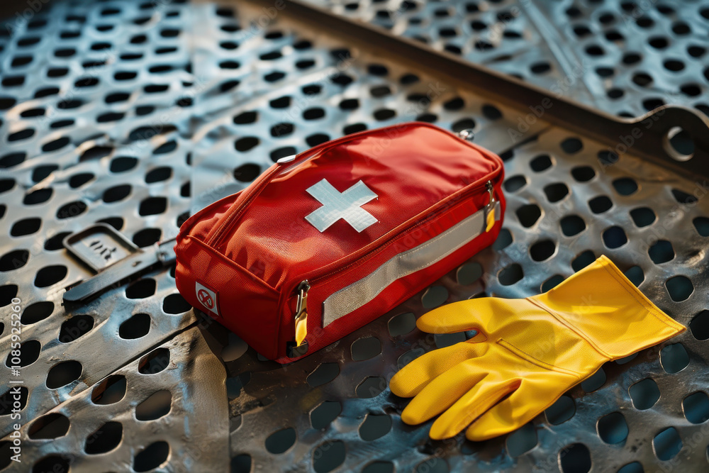 First aid kit assembly safety precautions industrial setting mockup ...