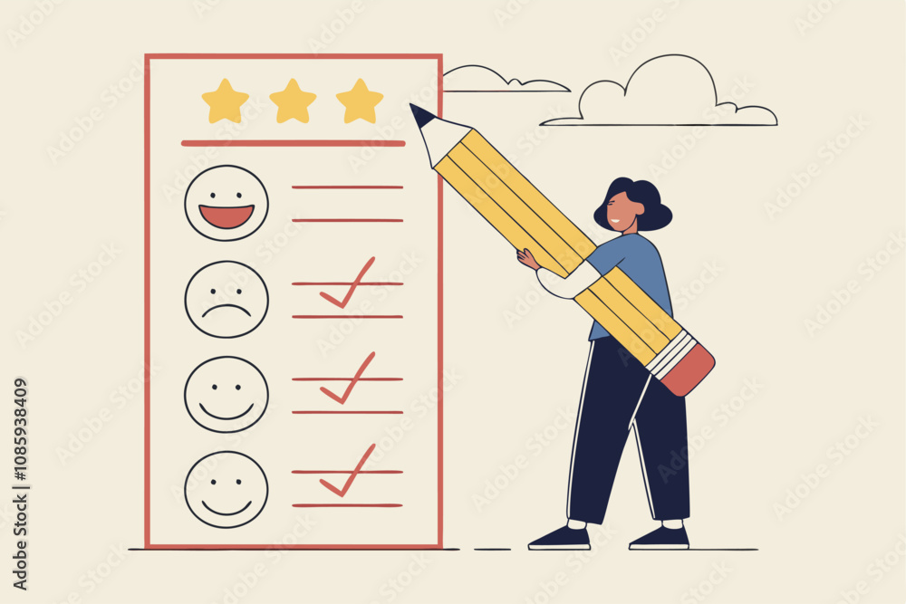 vector illustration of a woman holding a pencil filling a feedback form ...