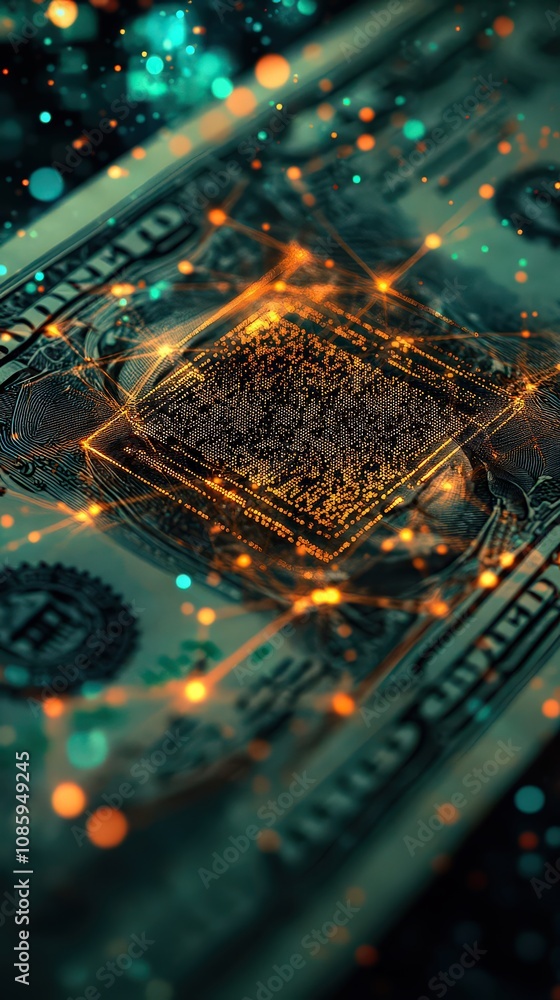 Physical dollar bill overlaid with glowing QR code, edges dissolving into digital lines ...