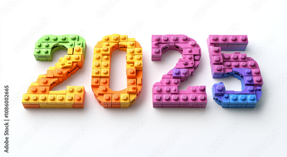 The year 2025 is constructed from colorful interlocking plastic blocks ...