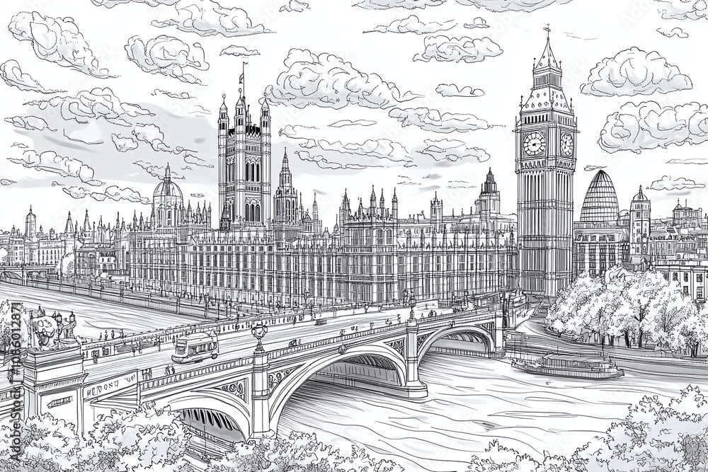 Coloring page of london cityscape with big ben and tower bridge ...