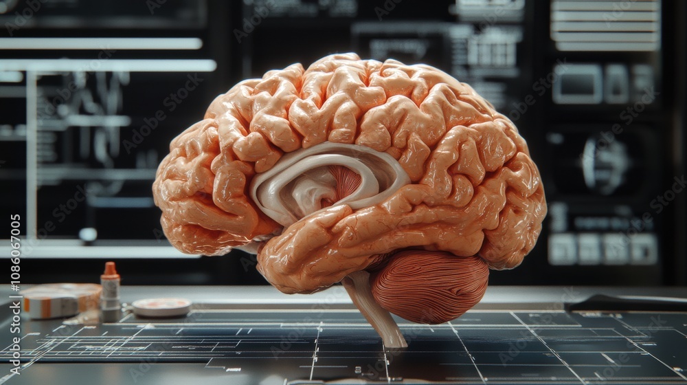 Detailed 3D brain model displayed in a medical study setting, labeled ...