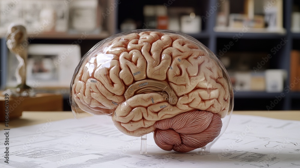 Detailed 3D brain model displayed in a medical study setting, labeled ...