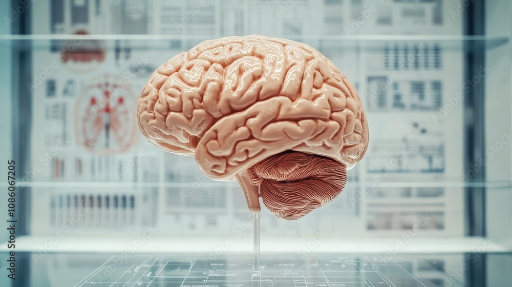 Detailed 3D brain model displayed in a medical study setting, labeled ...