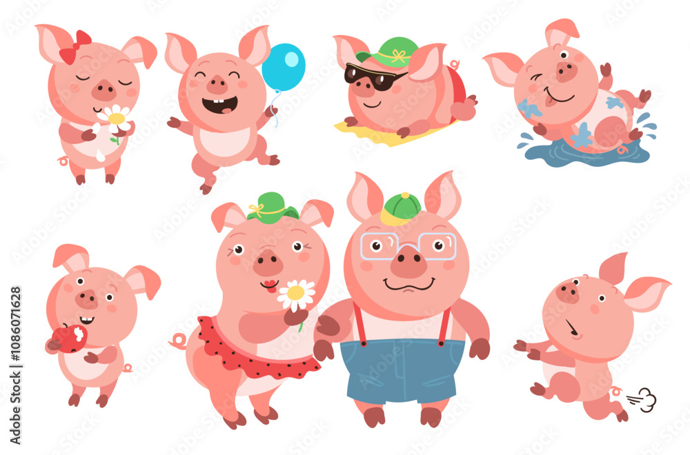 Cartoon pig characters. Cute domestic animals in different poses ...