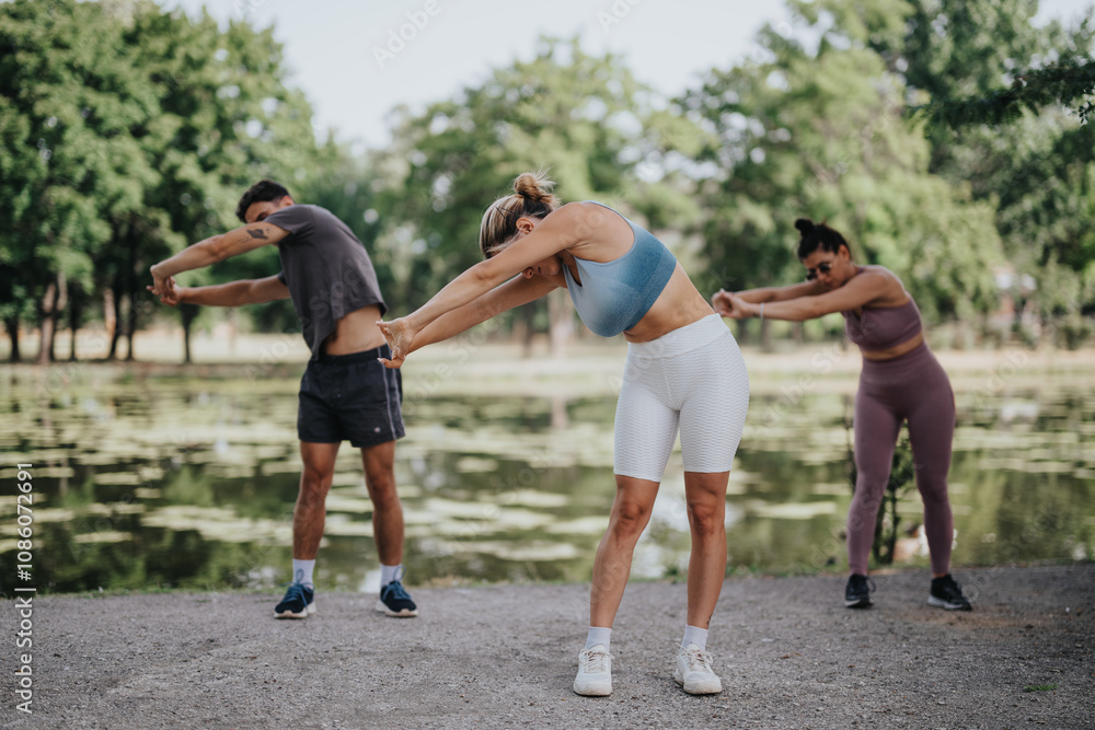 Group exercise session with people performing calisthenics workout in a ...