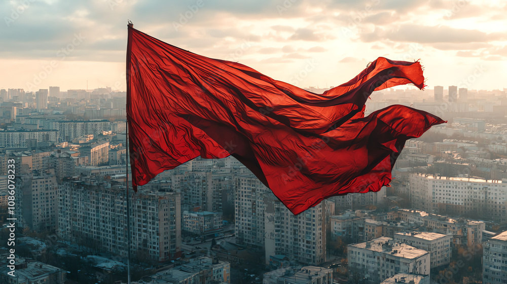 Red Soviet flag waving over the skyline of modern Russia during sunset ...