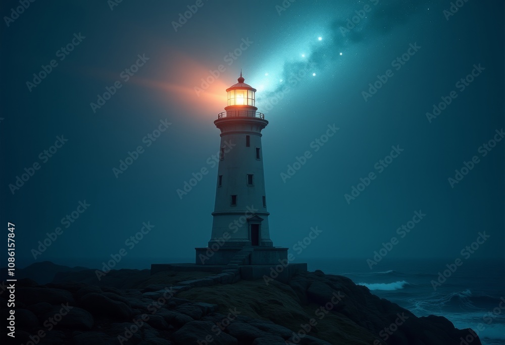 A brightly lit lighthouse stands on rocky shore under a starry night ...