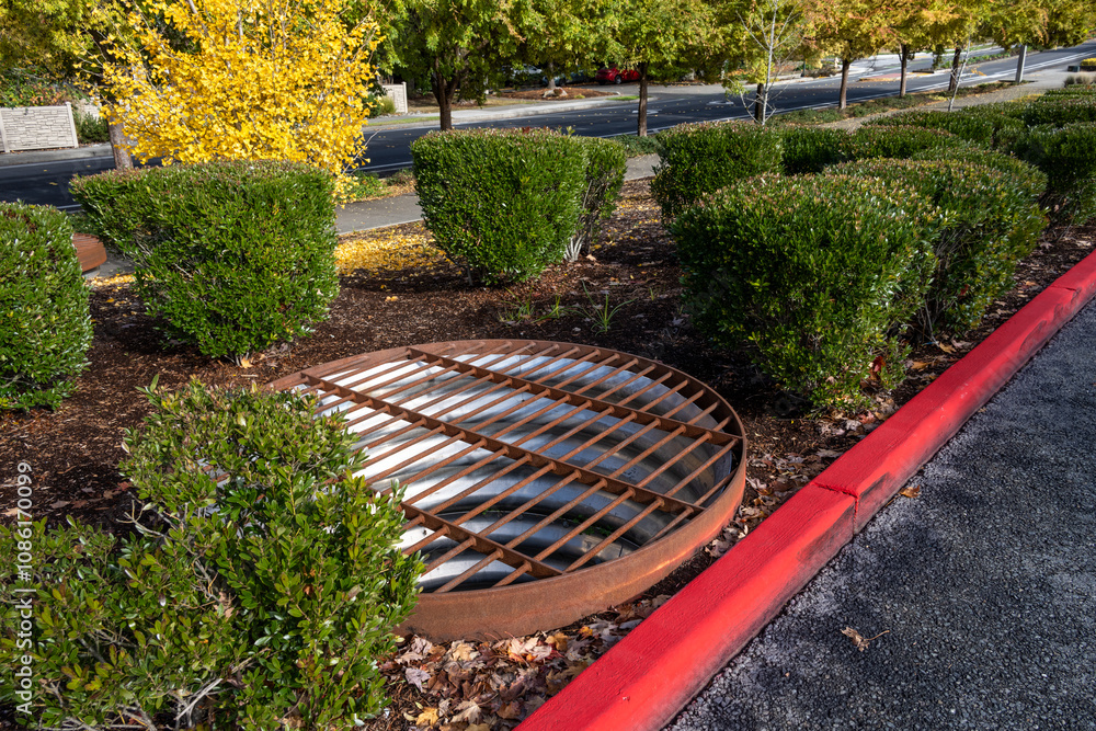Large round stormwater containment drain with rusty iron grate in a ...