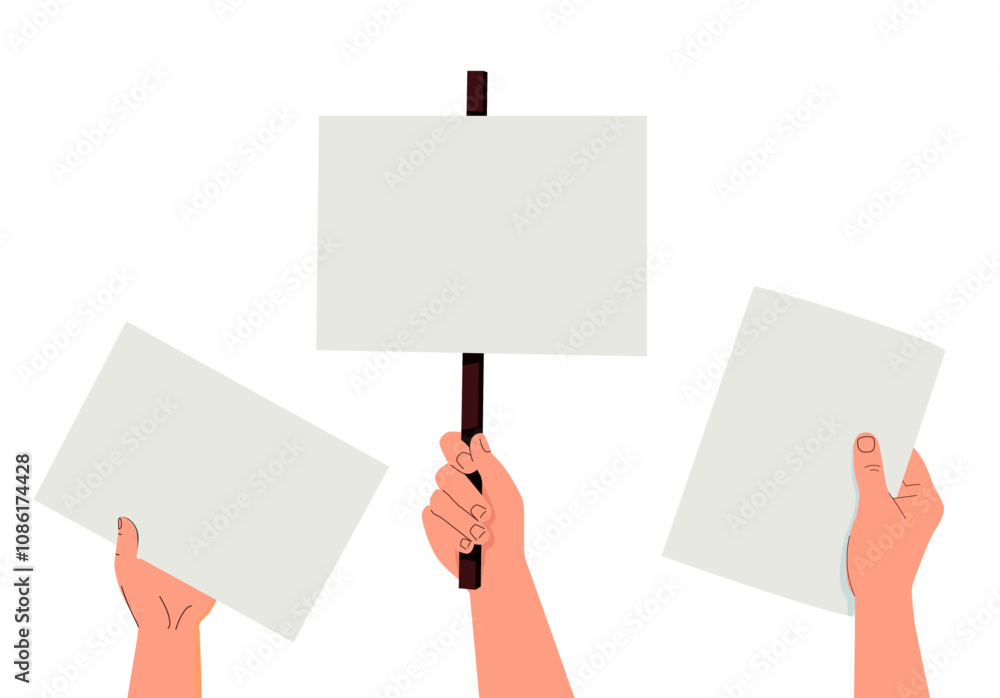 Blank paper sheets in hands set. Holding sign boards, showing ...