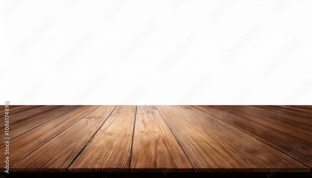 empty old wood table on isolate white background and display montage ...