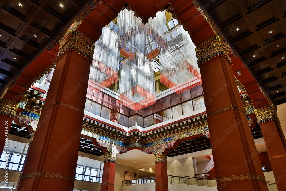 The Main Hall of the Tibet Museum in Lhasa, featuring ornate Tibetan ...