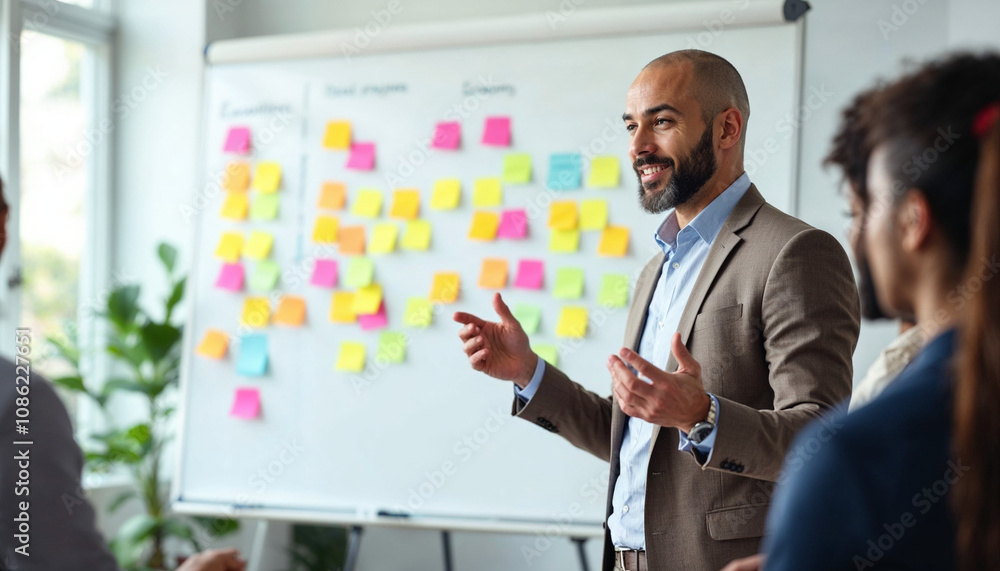 Professional presenting ideas on a sticky note-filled whiteboard to an ...