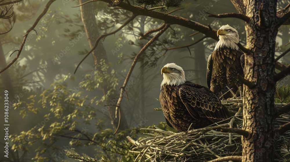 Bald eagles nesting tall pine trees their sharp beaks and keen eyesight ...