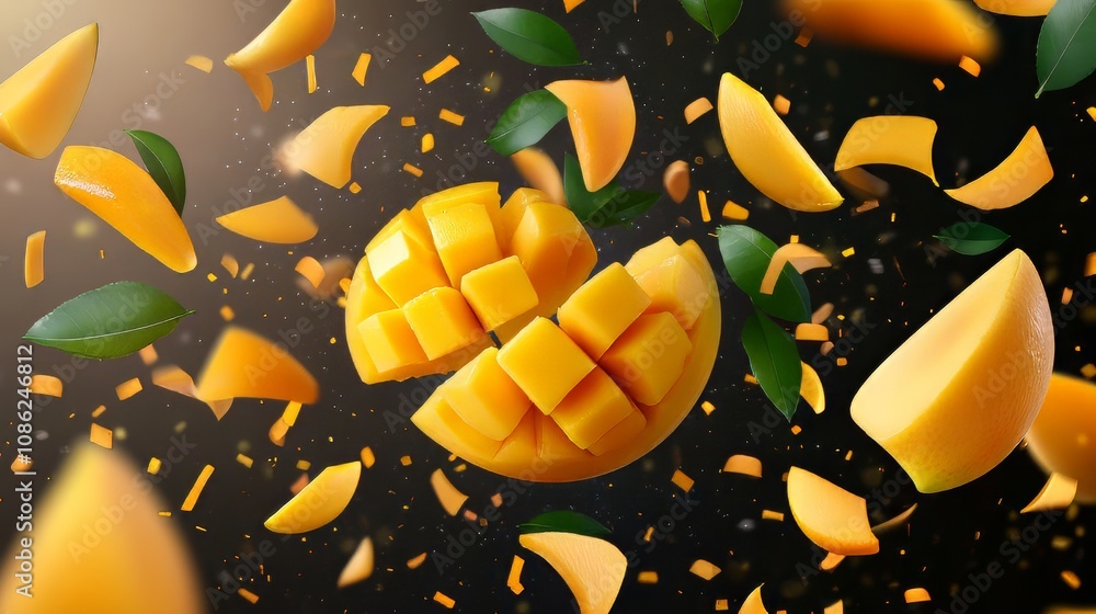 Falling mango with half slices falling or floating isolated on ...