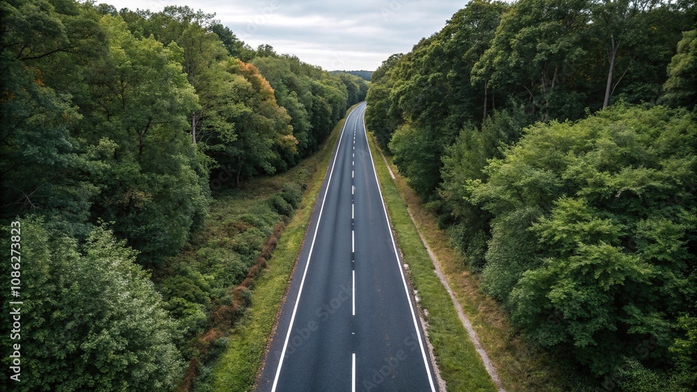 Overhead view of a black asphalt road with white dividing lines and ...