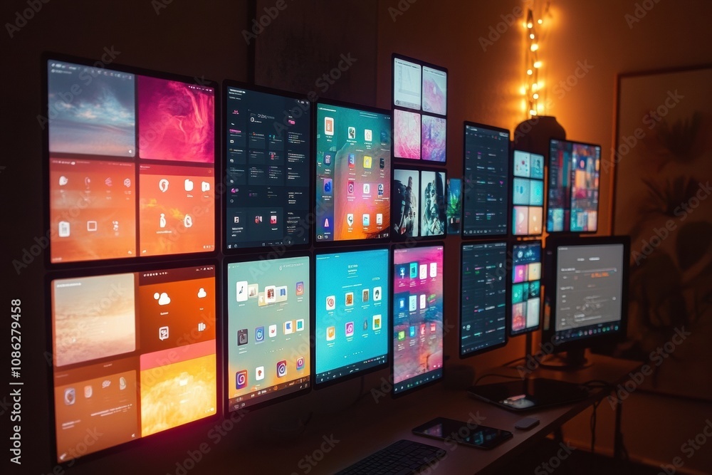 Multiple screens display vibrant interfaces of social media ...