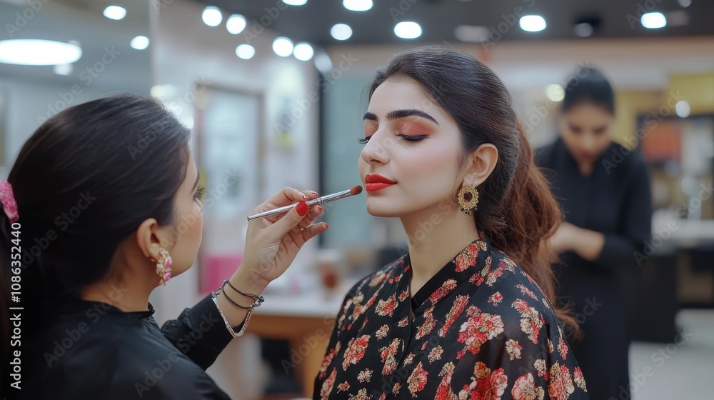 Professional Indian female makeup artist carefully applies makeup to a ...