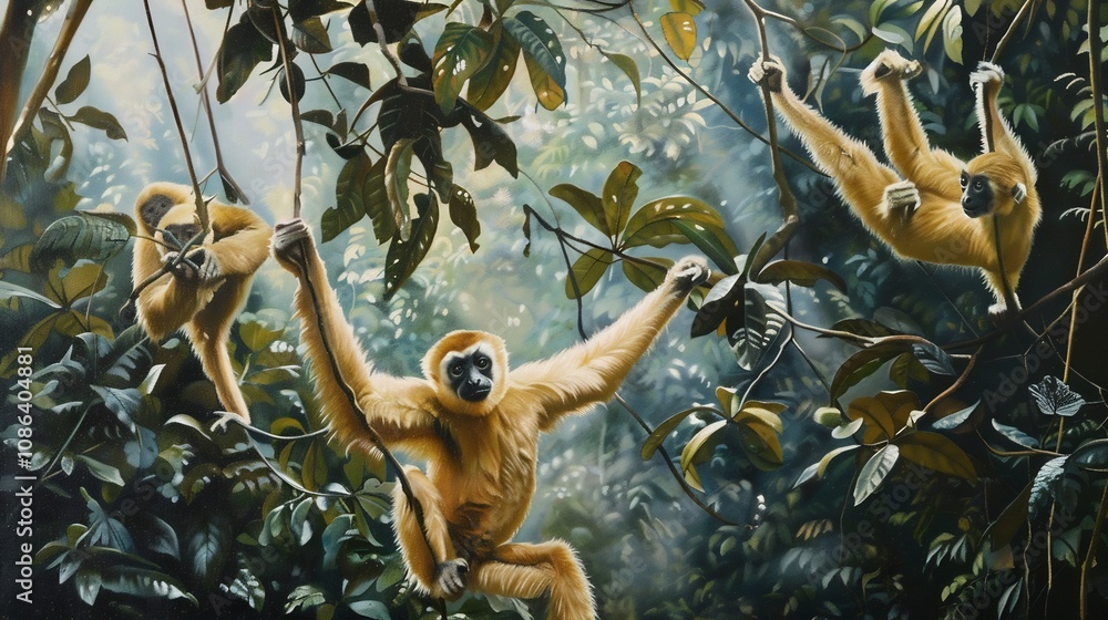 Gibbons swinging through rainforest canopy their long arms and agile ...