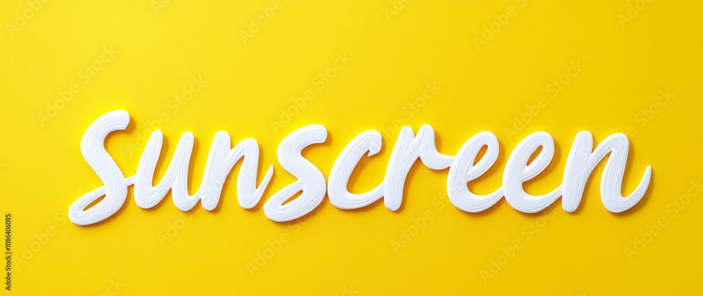 Word SUNSCREEN written with white cream strokes on vibrant yellow ...