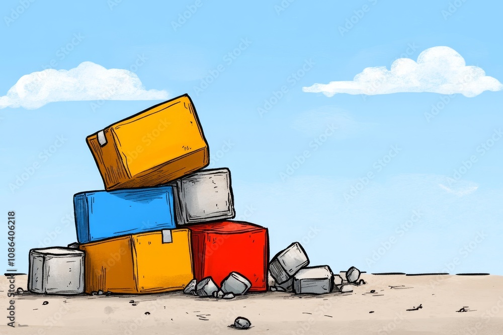 Simple 2D drawing of a workplace accident with a falling box, set on a ...