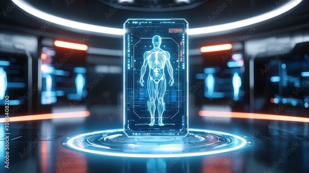 High-tech neural headset with floating 3D holograms of body metrics ...