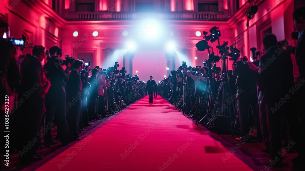 A glamorous event with photographers capturing a figure walking down a ...