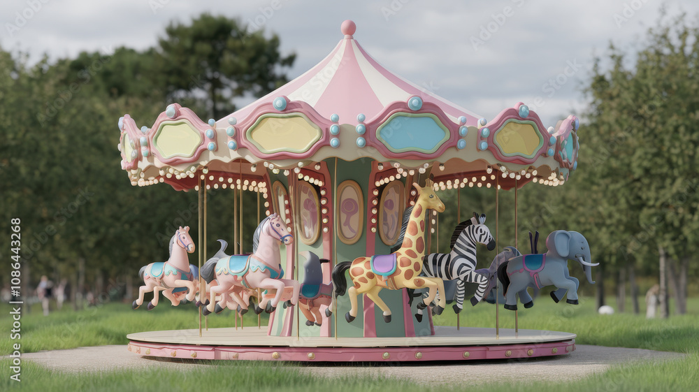 colorful carousel featuring various animals like horses, giraffes, and ...