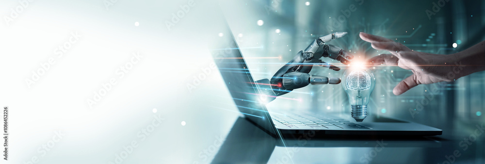 AI, Machine learning, Hands of robot and human touch on big data network, Brain data creative in ...