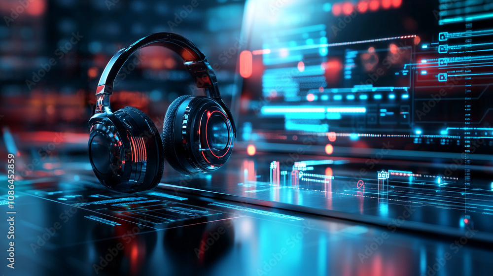 High-tech headphones on a futuristic digital interface with data ...